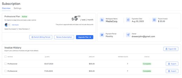 Changes to Subscription: adding payment history and exporting invoices